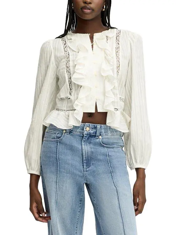 Sam Edelman Lace Inset Ruffle Cotton Button-up Shirt - Bright White