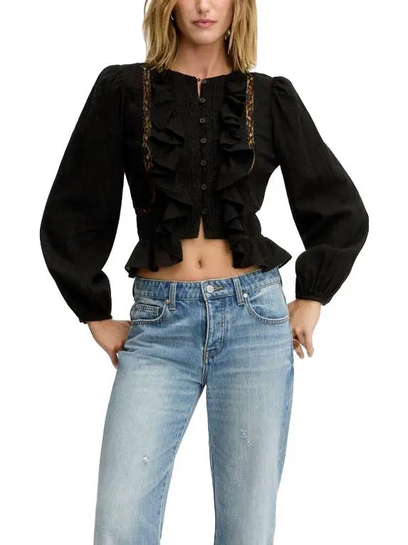 Sam Edelman Lace Inset Ruffle Cotton Button-up Shirt - True Black