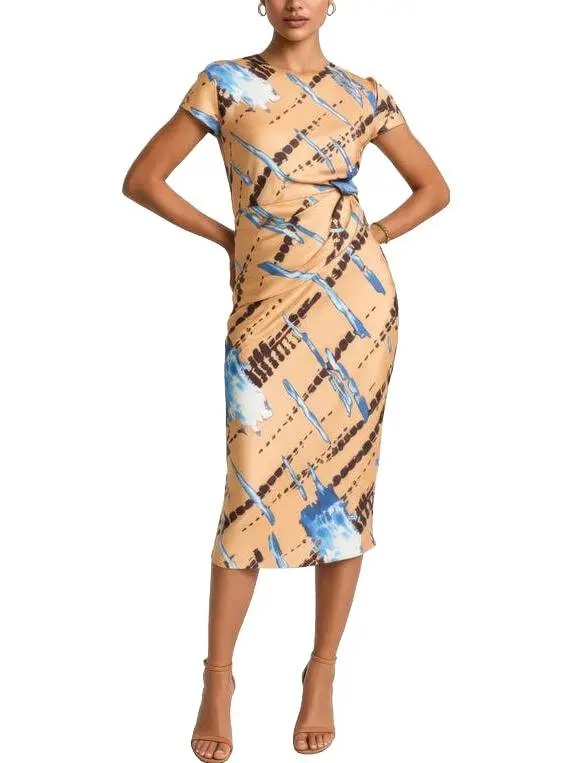 AREA STARS Avery Print Draped Satin Dress - Tan Abstract