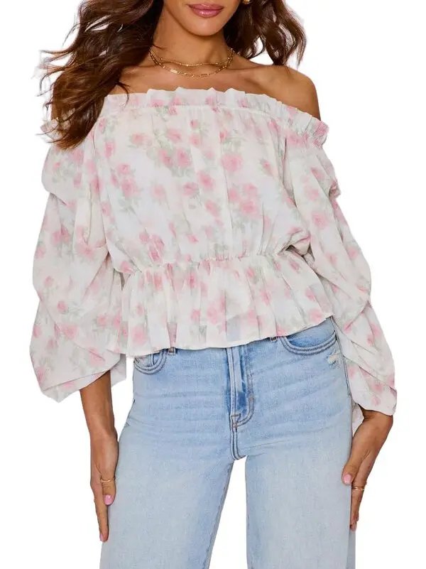 VICI Floral Print Off-the-shoulder Peplum Top - Cream/blush