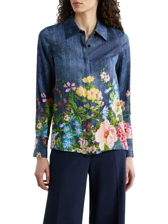 Elie Tahari Johanna Garden Denim Silk Blend Shirt - Denim Garden Print