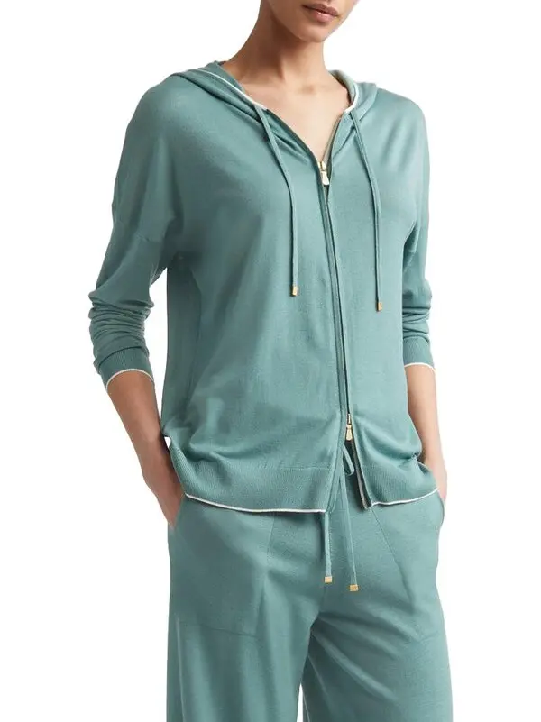 Eleventy Avalon Travel Merino Wool Full Zip Hoodie - White/jade
