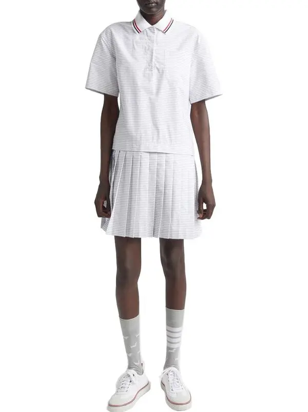 Thom Browne Stripe Pleated Cotton Polo Shirtdress - Med Grey