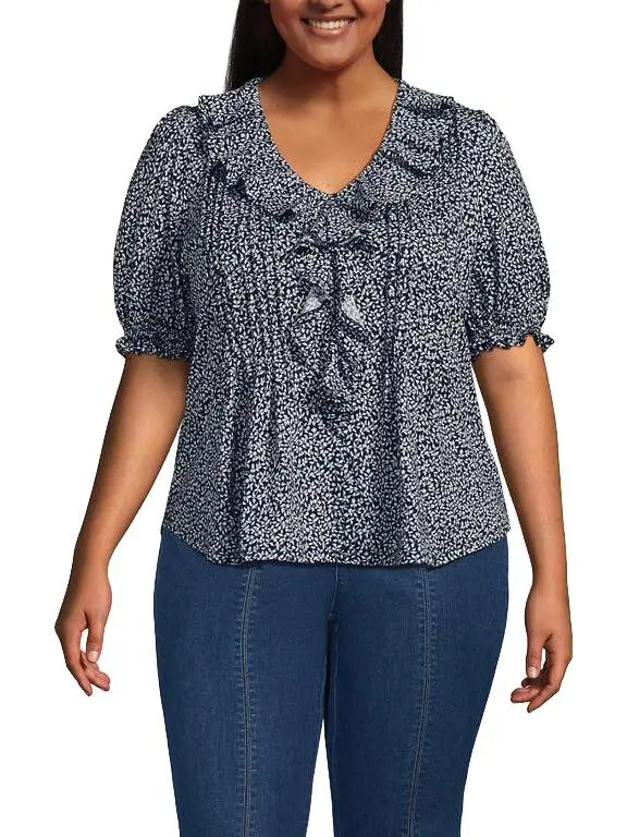 LANDS' END Puff Sleeve Slub Ruffle Pintuck Top - Navy Ditsy Floral