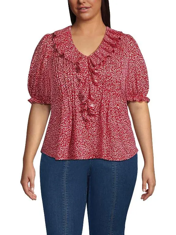 LANDS' END Puff Sleeve Slub Ruffle Pintuck Top - Red Ditsy Floral