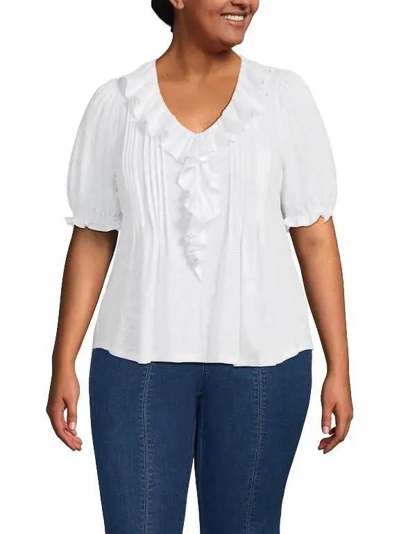LANDS' END Puff Sleeve Slub Ruffle Pintuck Top - White