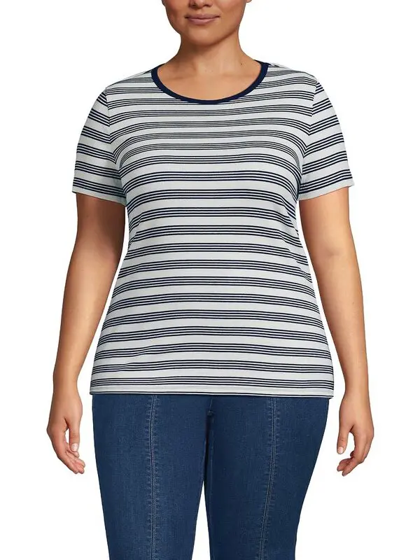LANDS' END Micro Rib Knit T-shirt - Ivory/deep Sea Quad Stripe