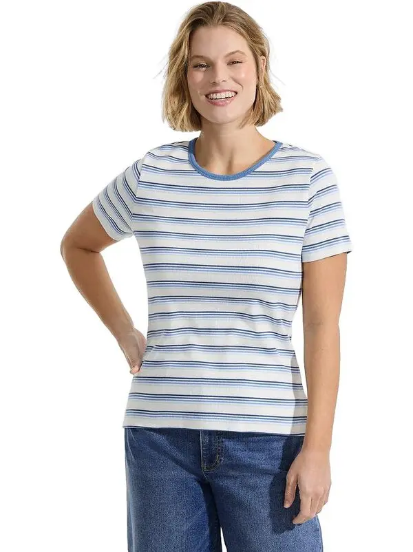 LANDS' END Micro Rib Knit T-shirt - Ivory/teal Blue Multi Stripe