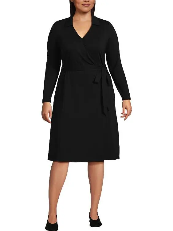 LANDS' END Cotton Modal Collared Wrap Midi Dress - Black