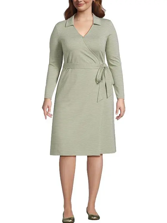 LANDS' END Cotton Modal Collared Wrap Midi Dress - Sage Thin Stripe