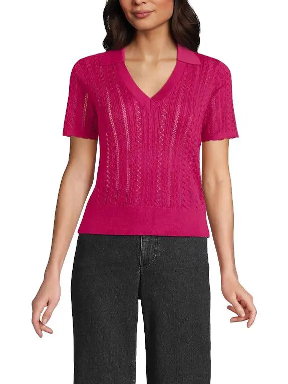 LANDS' END Fine Gauge Cotton Pointelle Polo Sweater - Hot Pink