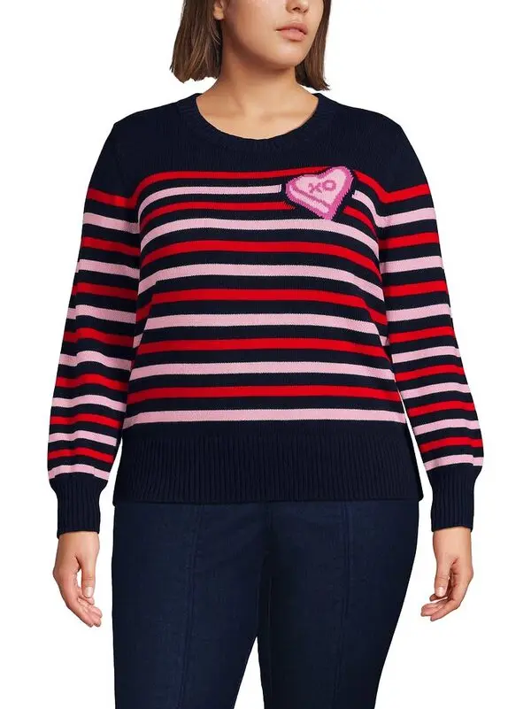 LANDS' END Striped Cotton Crewneck Sweater - Candy Heart/navy/red Stripe