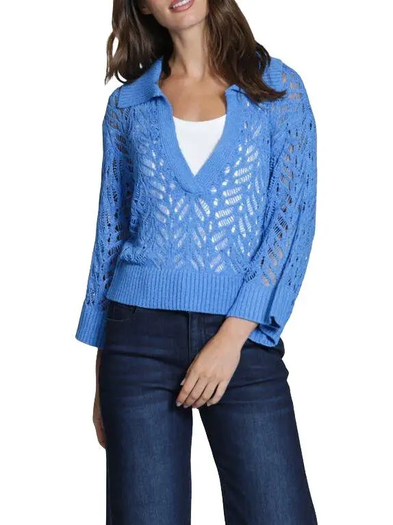 APNY Leafy Open Knit Polo Sweater - Cobalt Blue