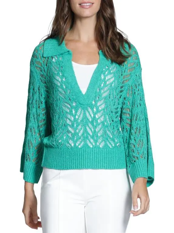 APNY Leafy Open Knit Polo Sweater - Emerald