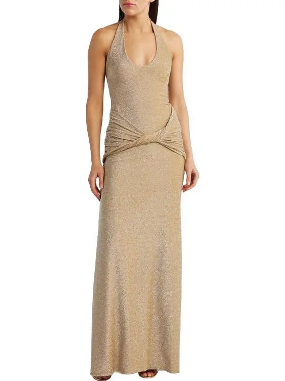 DELFI COLLECTIVE Soraya Metallic Jersey Halter Column Gown - Gold