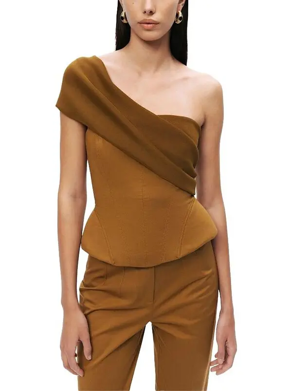 NOCTURNE One-shoulder Draped Gabardine Bustier - Camel