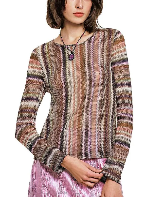 Anna Sui Wavy Chevron Knit Long Sleeve Stripe Top - Mauve Multi