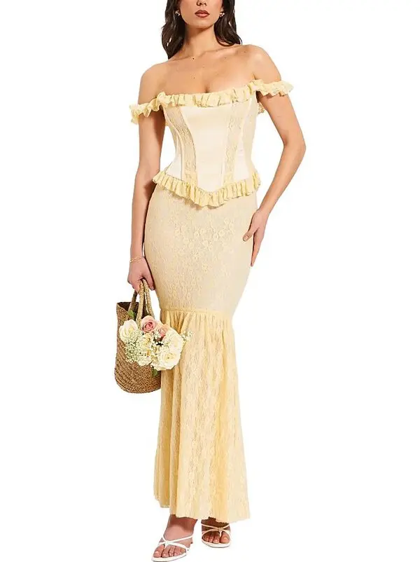 MISS CIRCLE Ersilia Lace Peplum Corset Maxi Dress - Pale Yellow