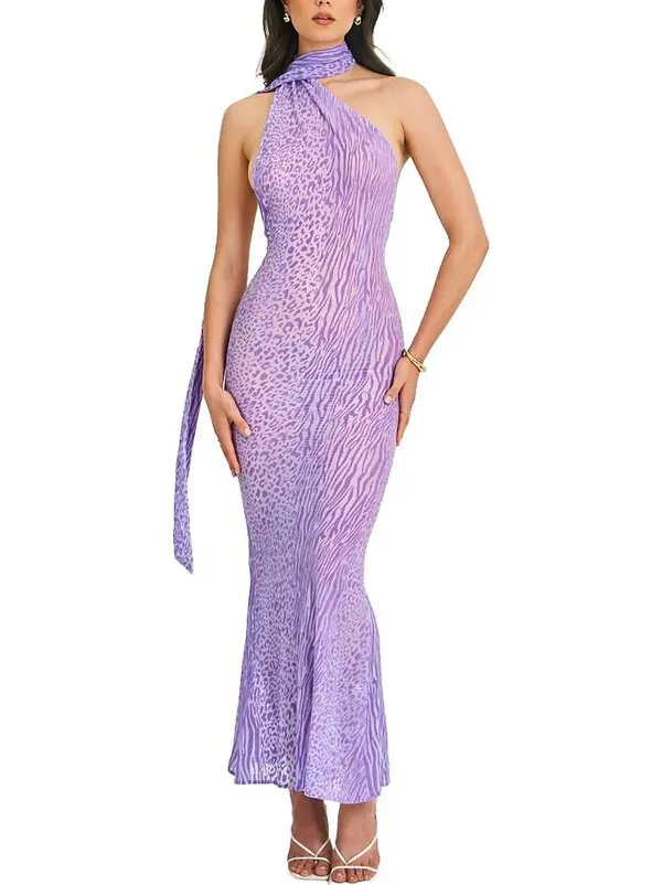 MISS CIRCLE Olena Burnout Velvet Animal Print Maxi Dress - Purple
