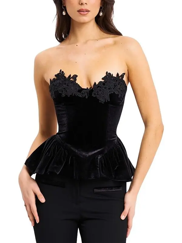 MISS CIRCLE Velvet Peplum Top With Lace Trim - Black