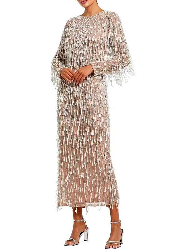 Mac Duggal Long Sleeve Embellished Fringe Midi Dress - Ivory Nude