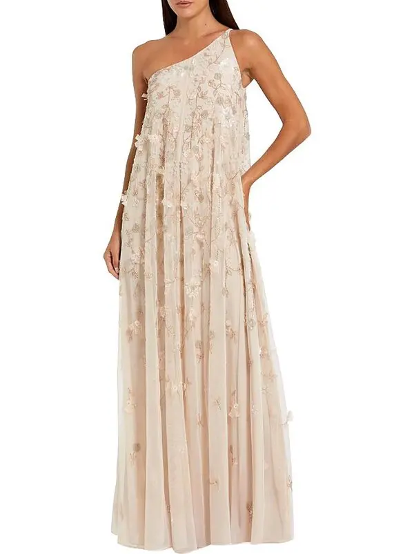 Mac Duggal Floral Embellished Mesh One Shoulder Kaftan Gown - Vanilla