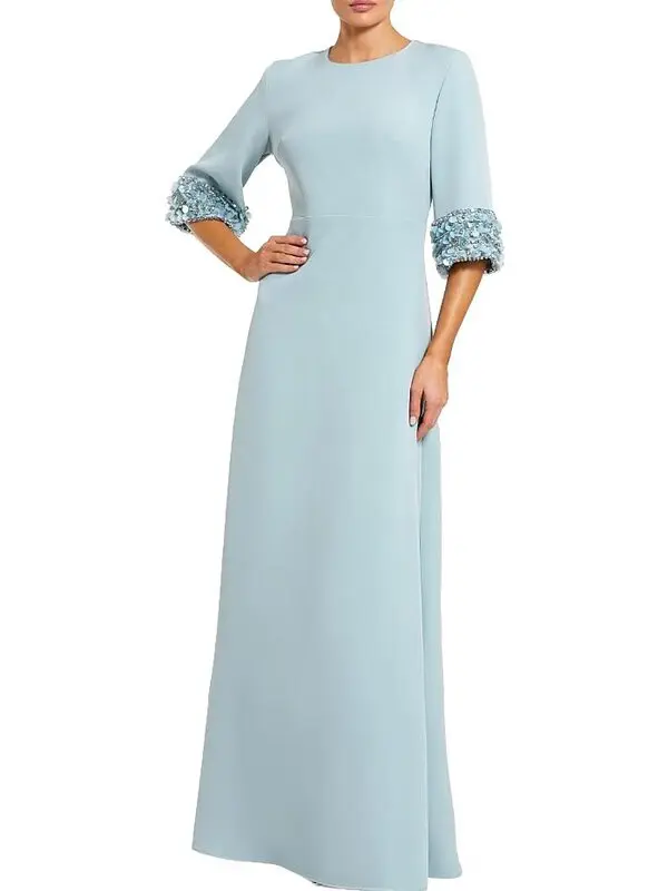 Mac Duggal A-line Crepe Gown With Embellished Sleeves - French Blue