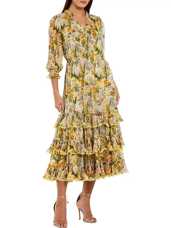 Mac Duggal Floral V-neck Midi Dress With 3/4 Sleeves - Yellow Multi