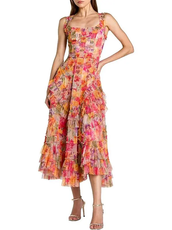 Mac Duggal Floral Scoop Neck A-line Ruffle Midi Dress - Multi