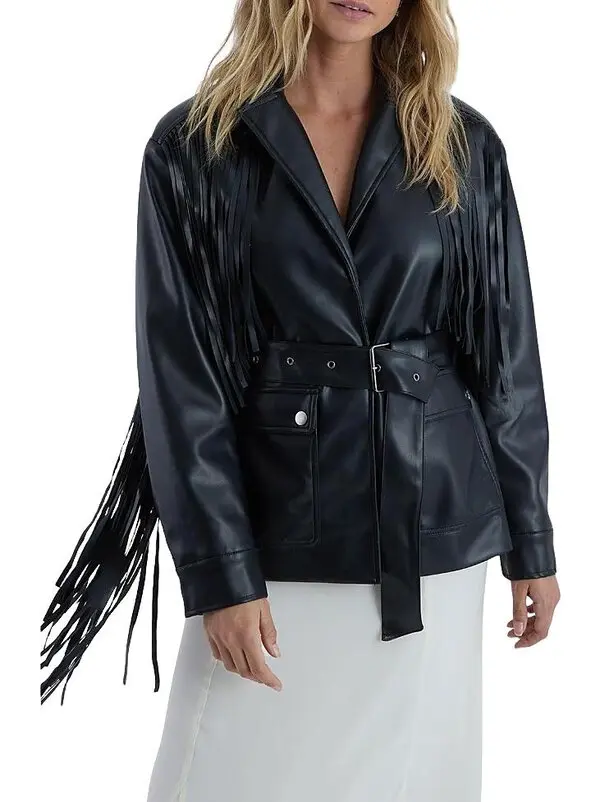 Nasty Gal Fringe Faux Leather Belted Jacket - Black