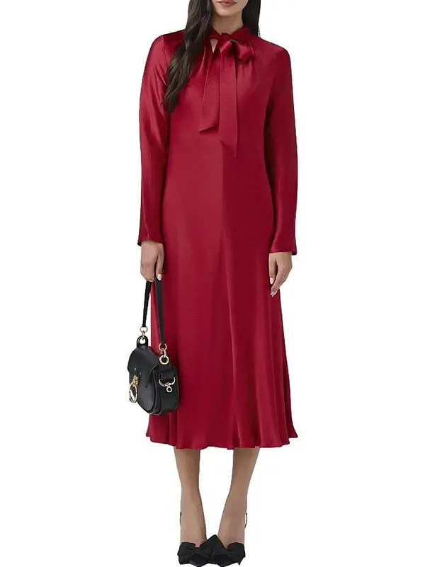 GHOST LONDON Stephanie Satin Tie Neck Midi Dress - Red