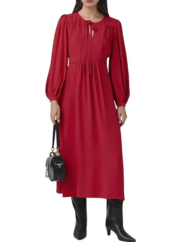 GHOST LONDON Layla Crepe Midi Dress With Tie Neck - Red