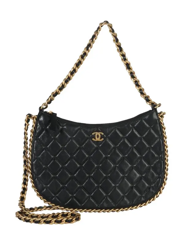 Chanel Quilted Lambskin Hobo With Chain Strap - Black