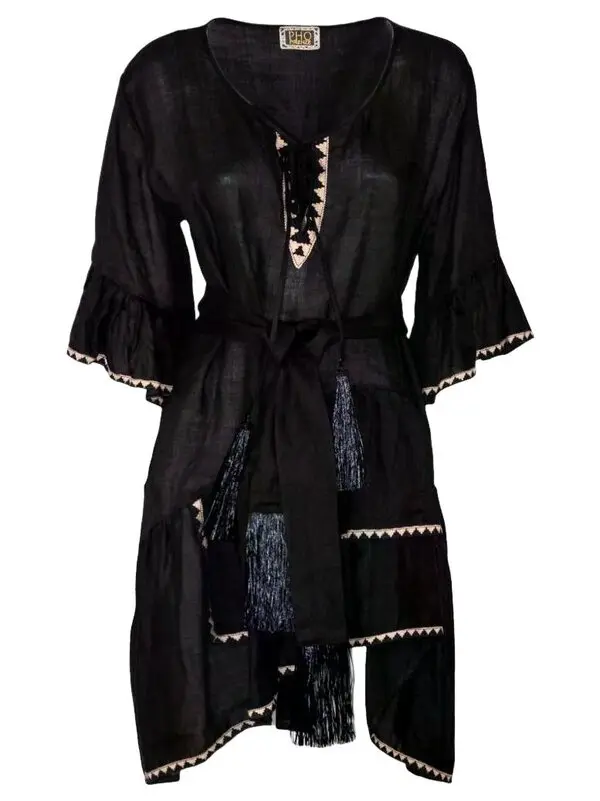 Pho Firenze Embroidered-trim Tassel-detail Dress - Black