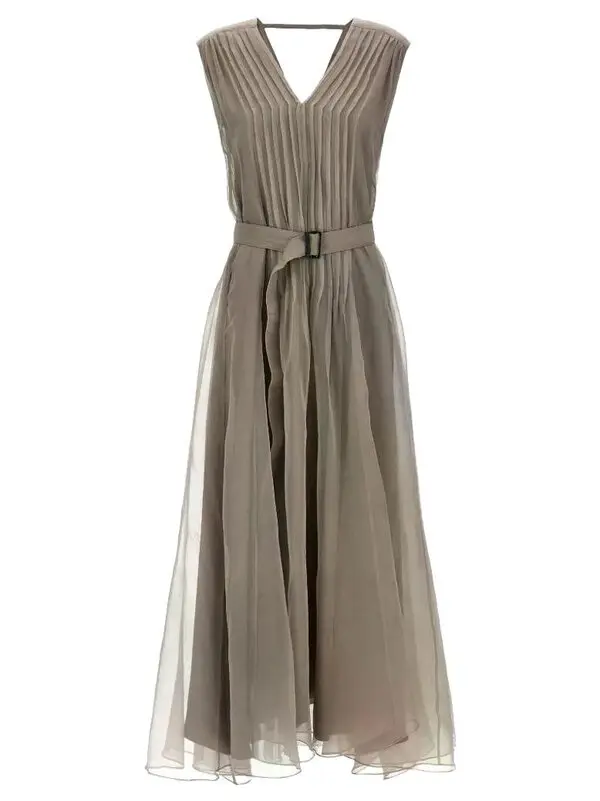 Brunello Cucinelli Pleated V-neck Silk Maxi Dress - Neutrals