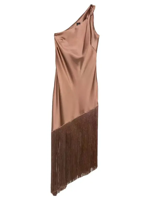 Pinko One-shoulder Fringed Dress - Brown
