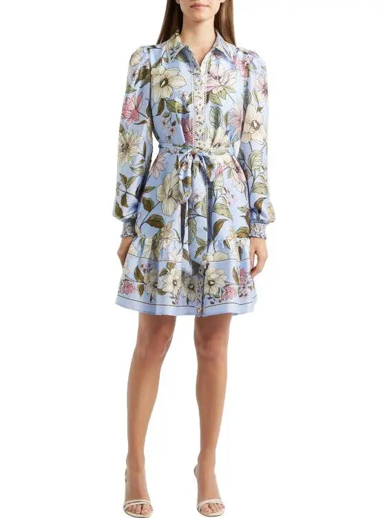 Anne Klein Floral Print Long Sleeve Satin Shirtdress - Surf Blue Multi