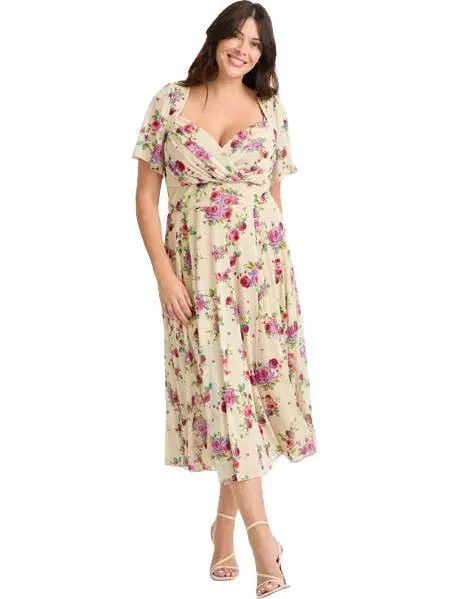 SCARLETT & JO Floral Bolero Wrap Bodice Midi Dress - Vintage Cream Rose