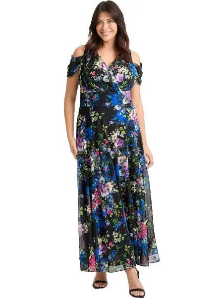 SCARLETT & JO Jasmine Cold Shoulder Maxi Dress - Black Multi