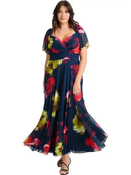 SCARLETT & JO Kemi Bolero Wrap Bodice Maxi Gown - Navy Red Multi