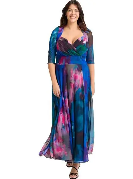 SCARLETT & JO Elizabeth Floral Print Mesh Maxi Gown - Blue Green Multi