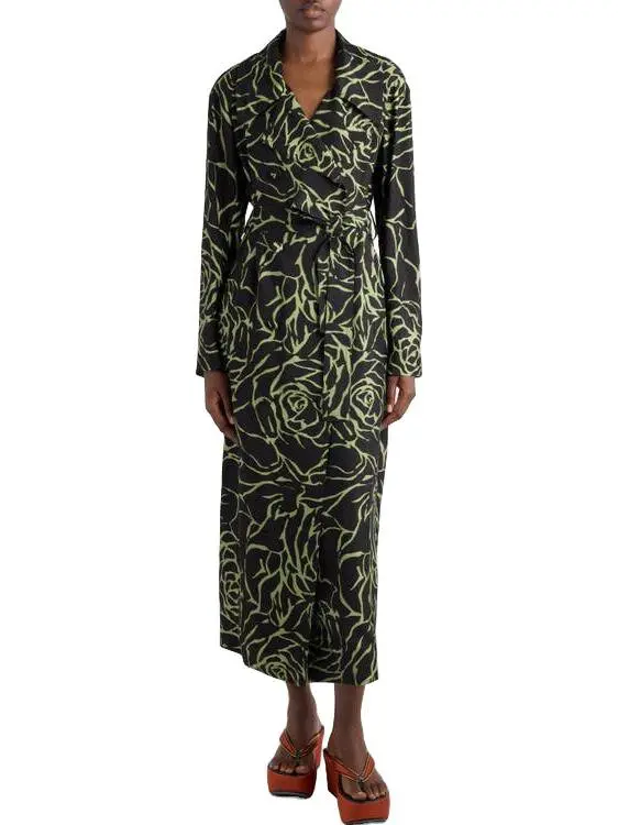 Dries Van Noten Rolana Giant Couture Rose Print Crepe Trench Coat - Black