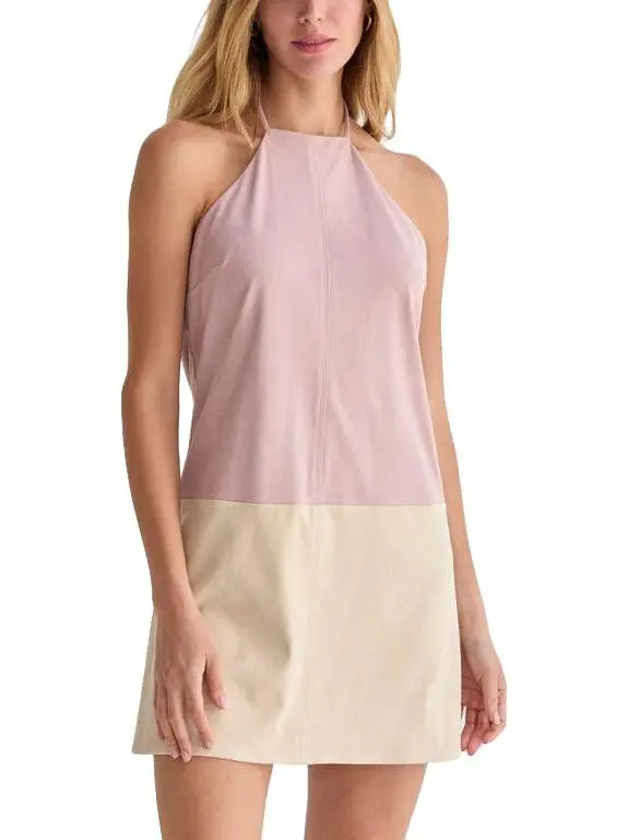 CRESCENT Suede Color Block Halter Mini Dress - Pink