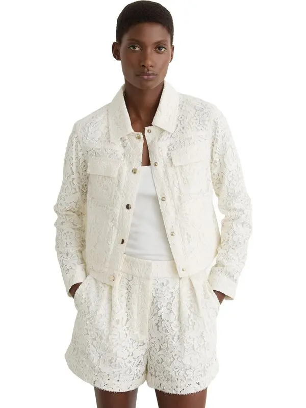 REISS Lori Collared Lace Press-stud Jacket - White