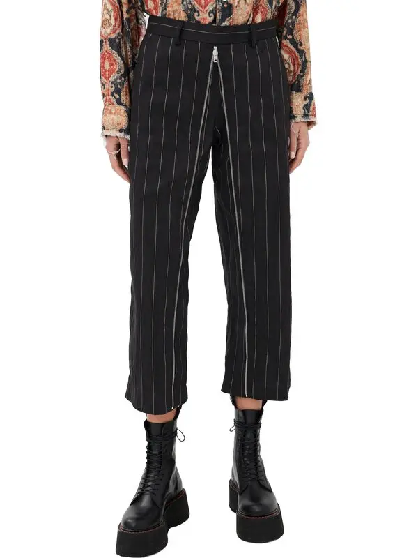 R13 Front Zip Striped Trousers - Black Silver/wide Pinstripe