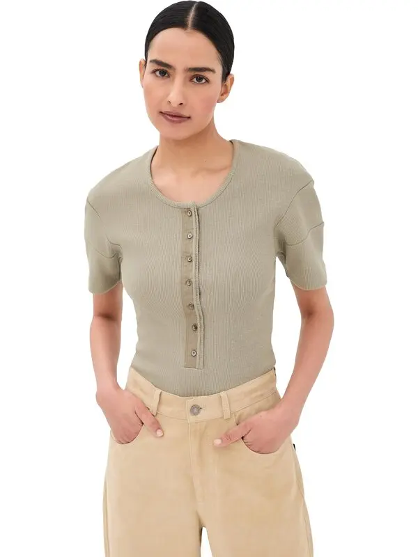 LEMAIRE Fitted Henley Short Sleeve Top - Sage