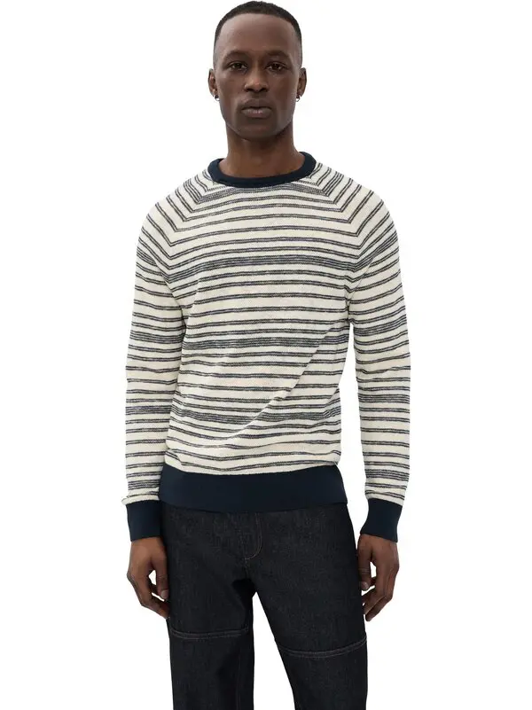 Billy Reid Raglan Stripe Crew Sweater - Tinted White/carbon Blue