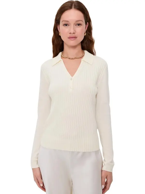 Theory Front Rib Collared Long Sleeve Top - New Ivory