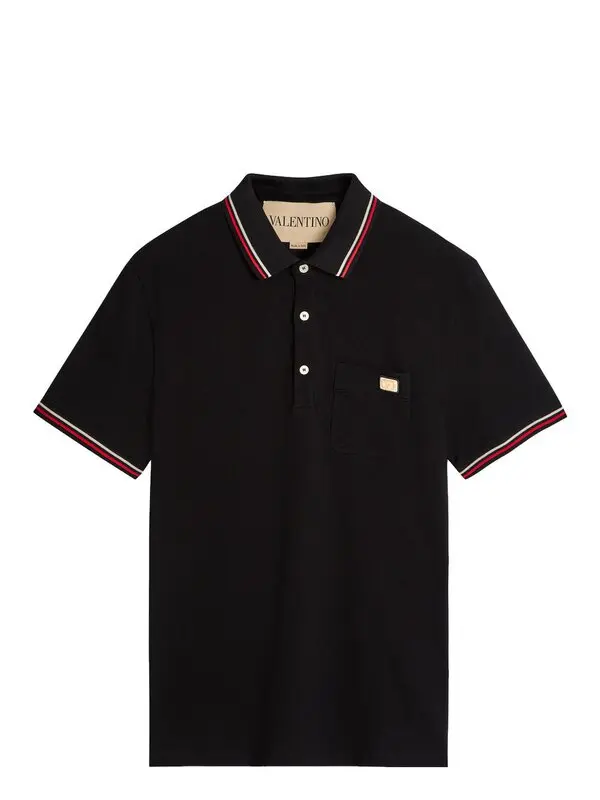Valentino Garavani Striped Trims Cotton Polo Shirt - Black