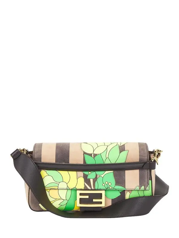 Fendi Nubuck Pequin Floral Baguette Shoulder Bag - Brown